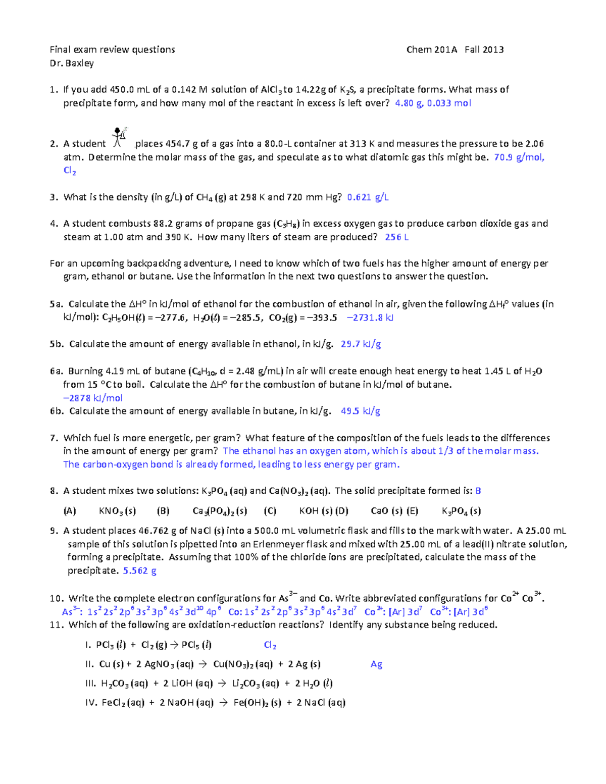 Final Exam Review Questions for Chem 201A - Fall 2013 - Studocu