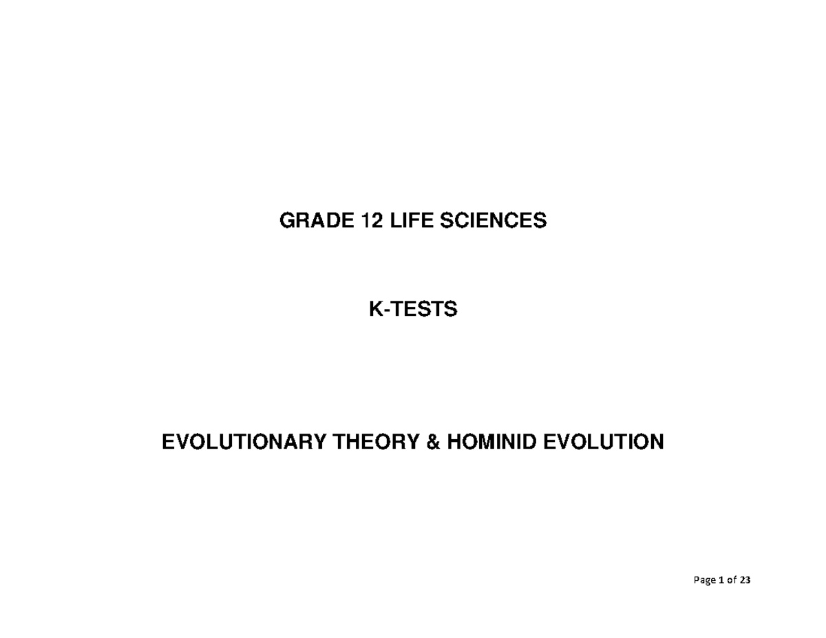 Grade 12 Life Sciences: K-Tests on Evolution and Hominid Development ...