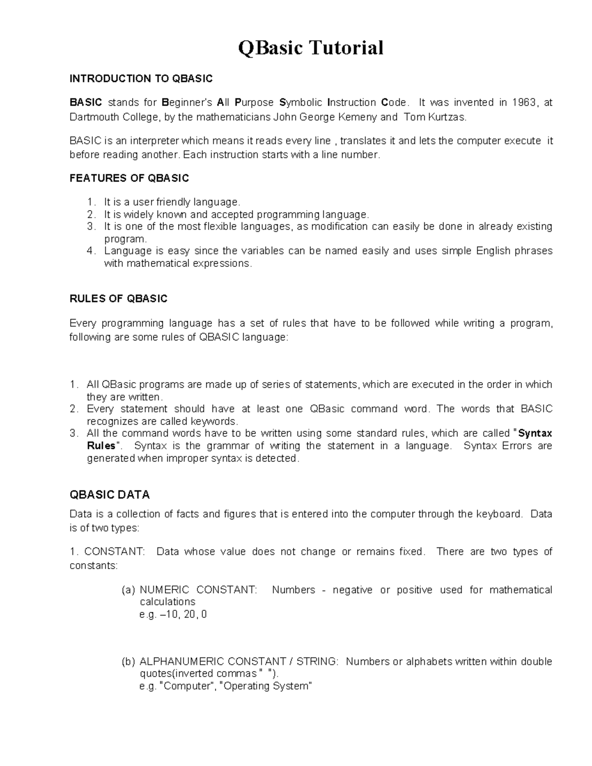 QBasic Tutorial: Introduction to QBASIC Programming Concepts - Studocu