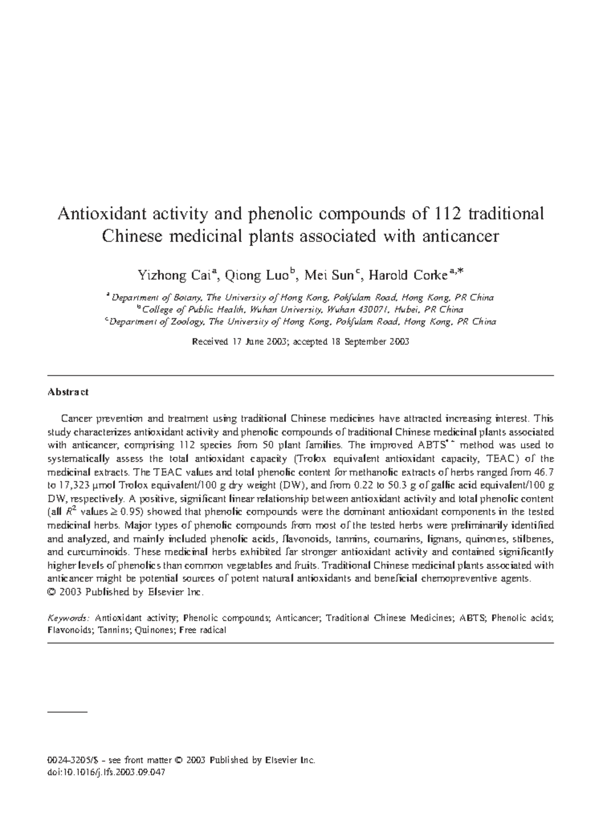 Antioxidant Activity & Phenolic Compounds in 112 TCM Plants (Anticancer ...