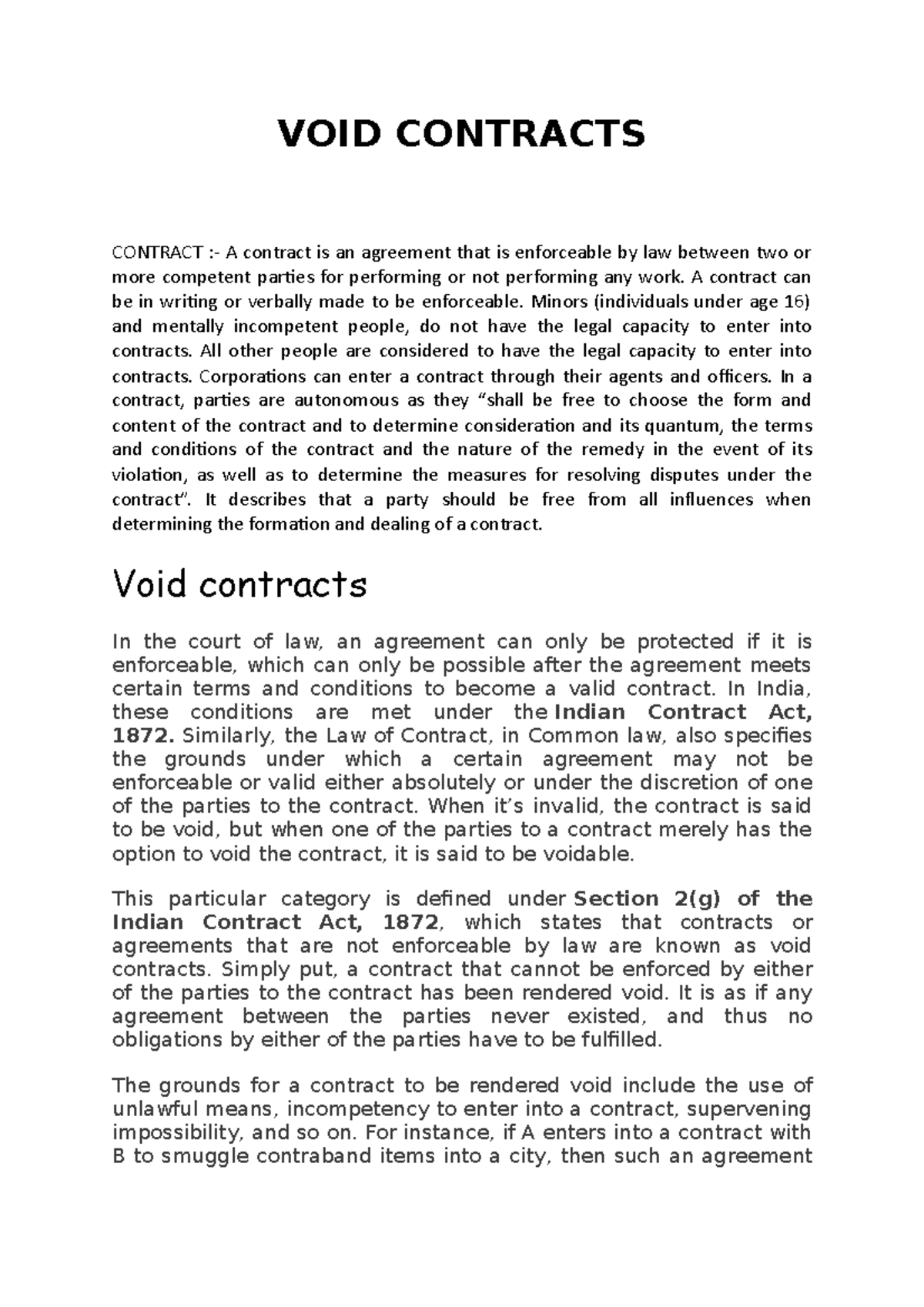 VOID Contracts - Key Principles & Case Studies in Law of Contract - Studocu