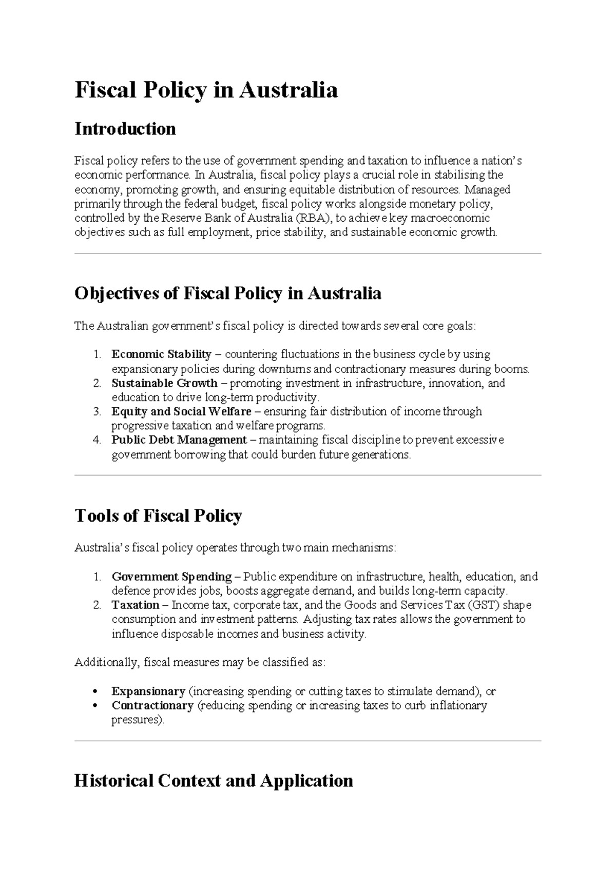 Fiscal Policy in Australia: An Overview and Key Objectives - Studocu
