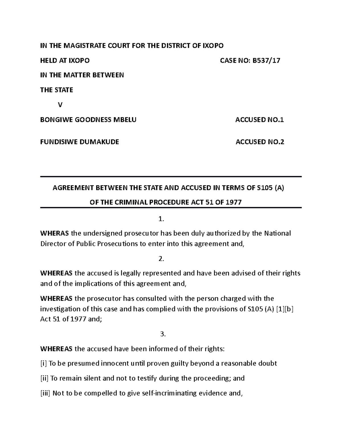 Section 105 - PLEA AGREEMENT - IN THE MAGISTRATE COURT FOR THE DISTRICT ...