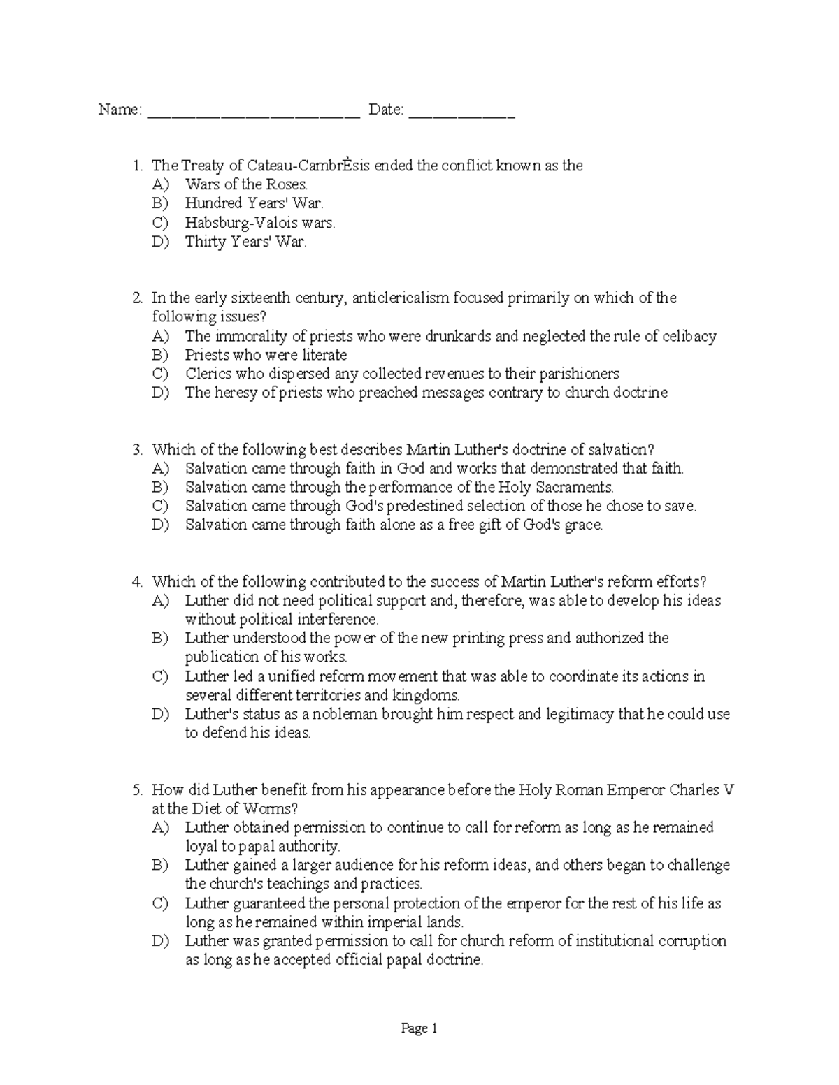 Chapter 13 - Sample Questions and Answers on the Reformation - Studocu