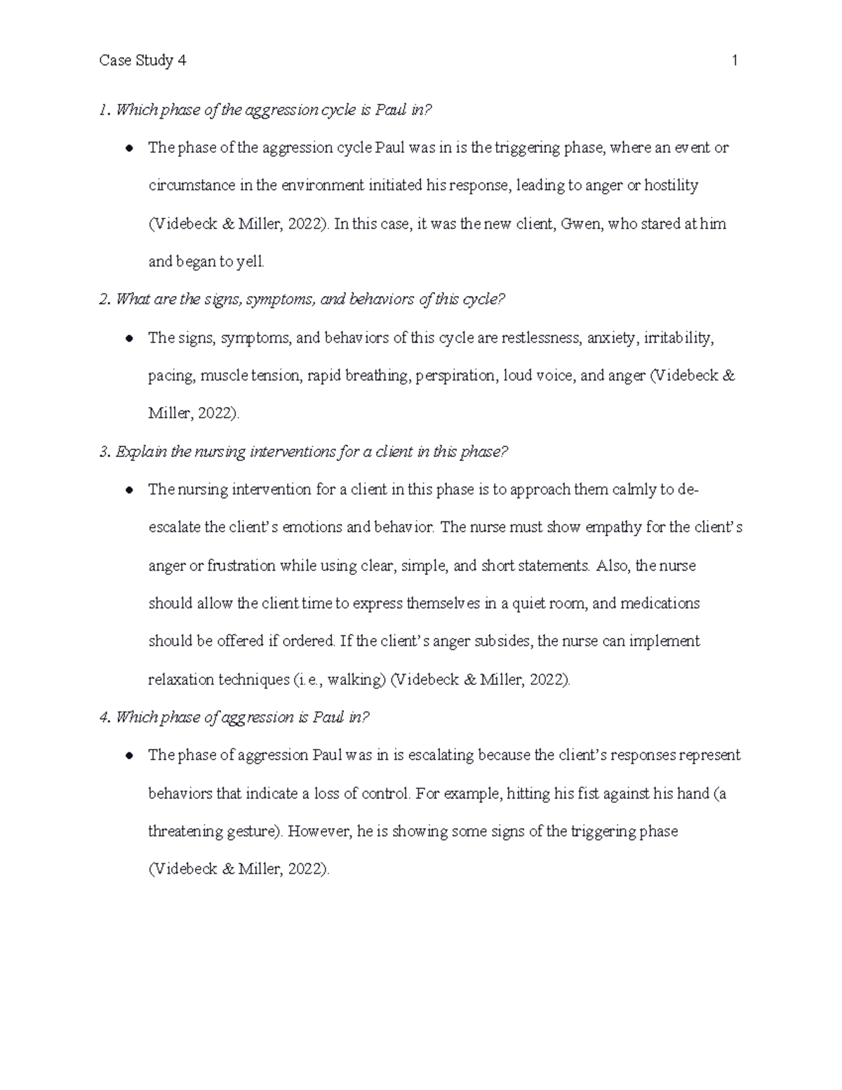 NUR 175 Case Study 4: Understanding the Aggression Cycle and Nursing ...