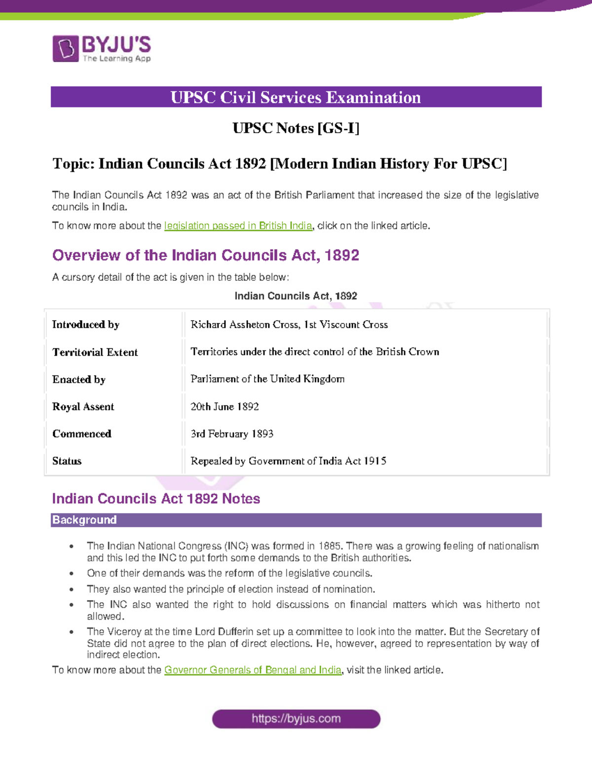 UPSC Notes: Indian Councils Act 1892 - Modern Indian History - Studocu