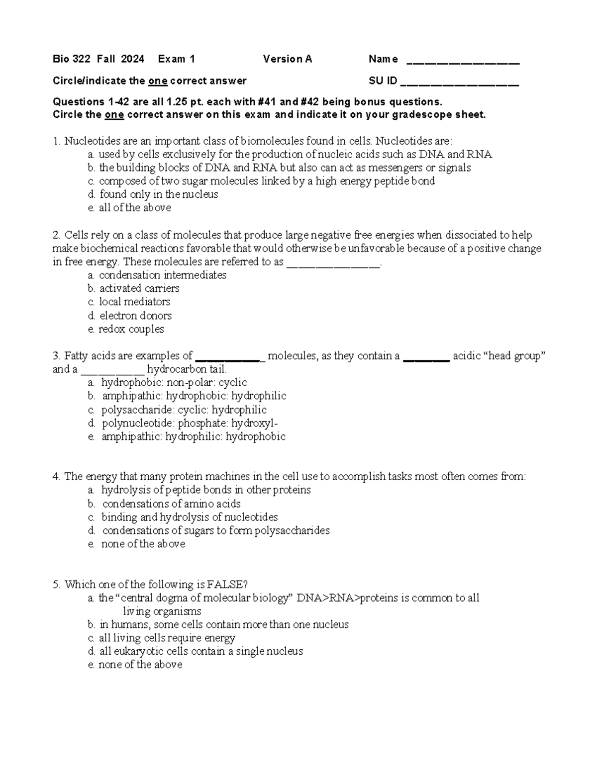 Bio 322 Fall 2024 Exam 1 Practice Questions Version A - Studocu