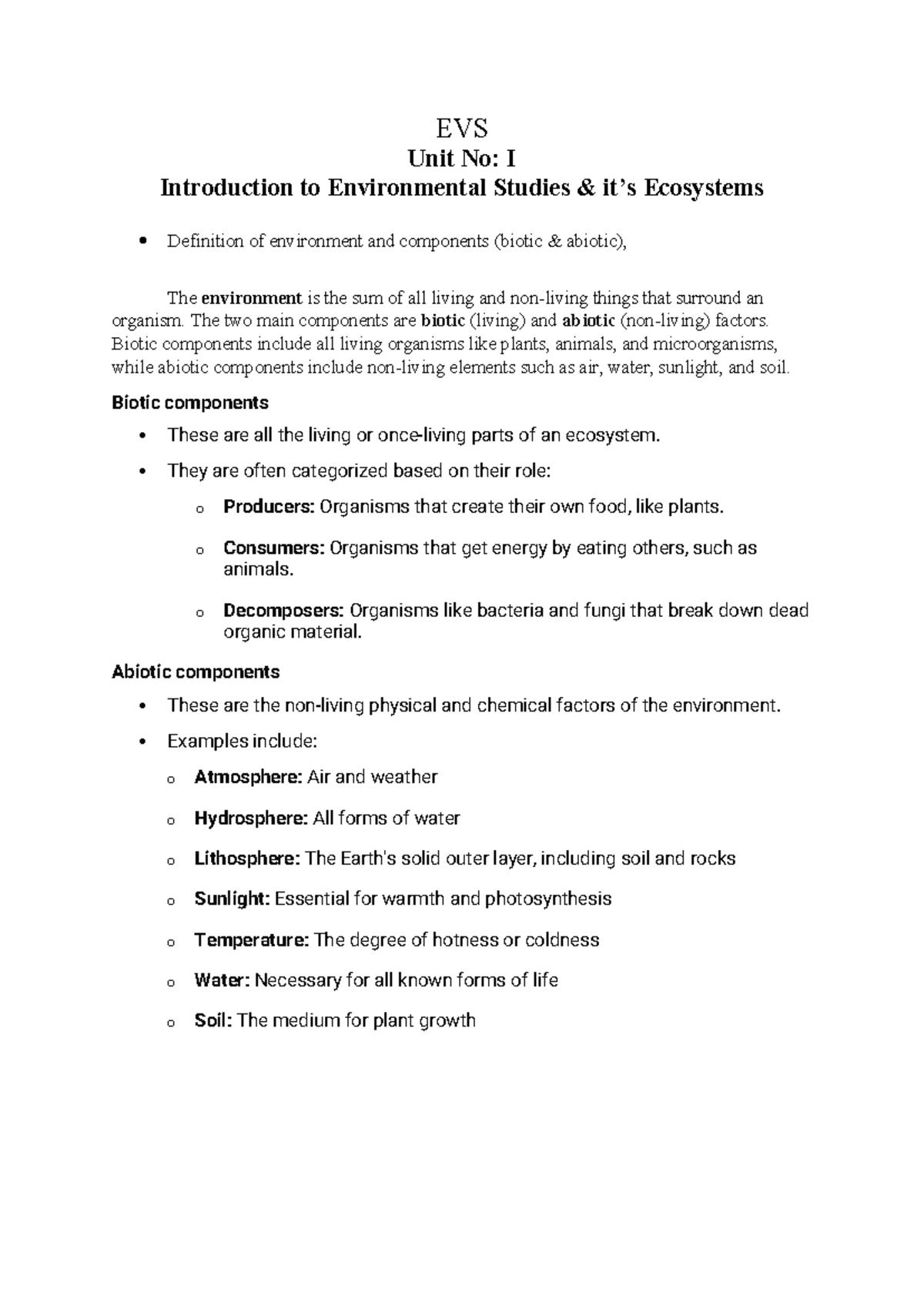 SE EVS Unit 1: Introduction to Environmental Studies and Ecosystems ...