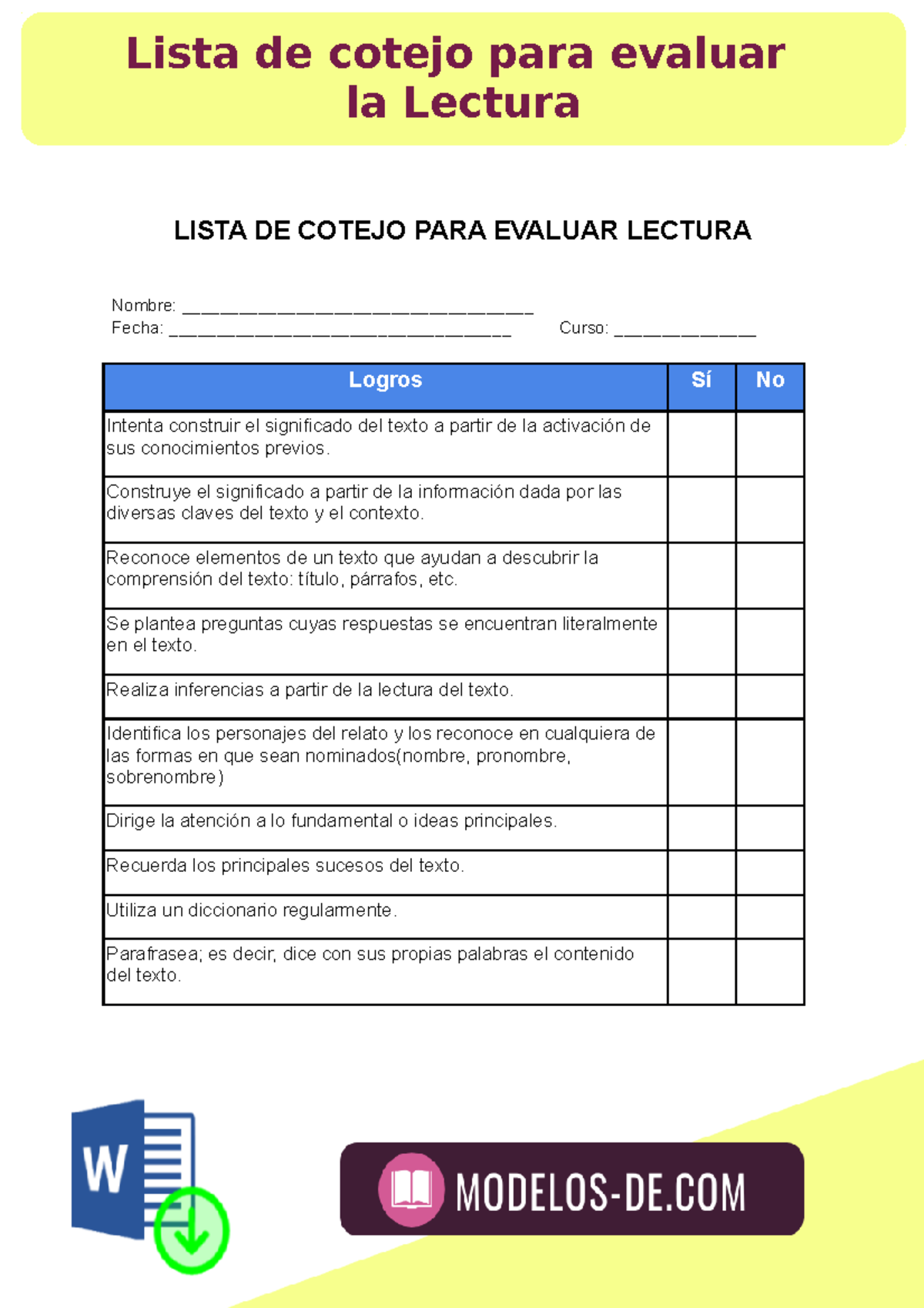 Lista de Cotejo para Evaluar la Comprensión Lectora: Curso 101 - Studocu