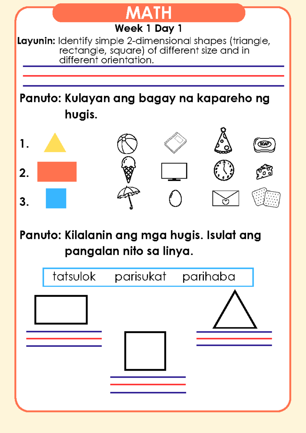 MATH Worksheet: Identifying Simple Shapes (Week 1) - Studocu