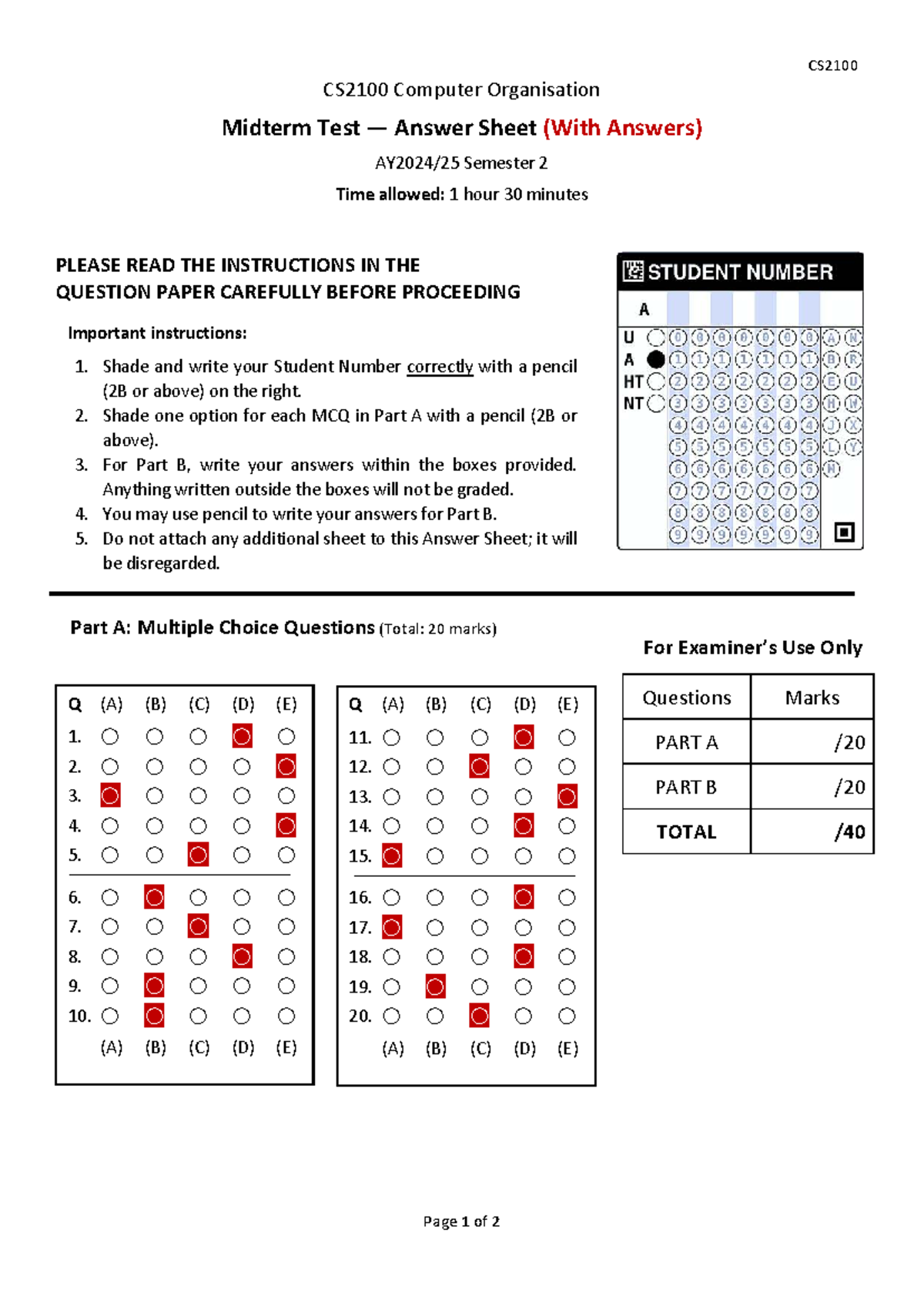 CS2100 Computer Organisation Midterm Test Answer Sheet (S2) - Studocu