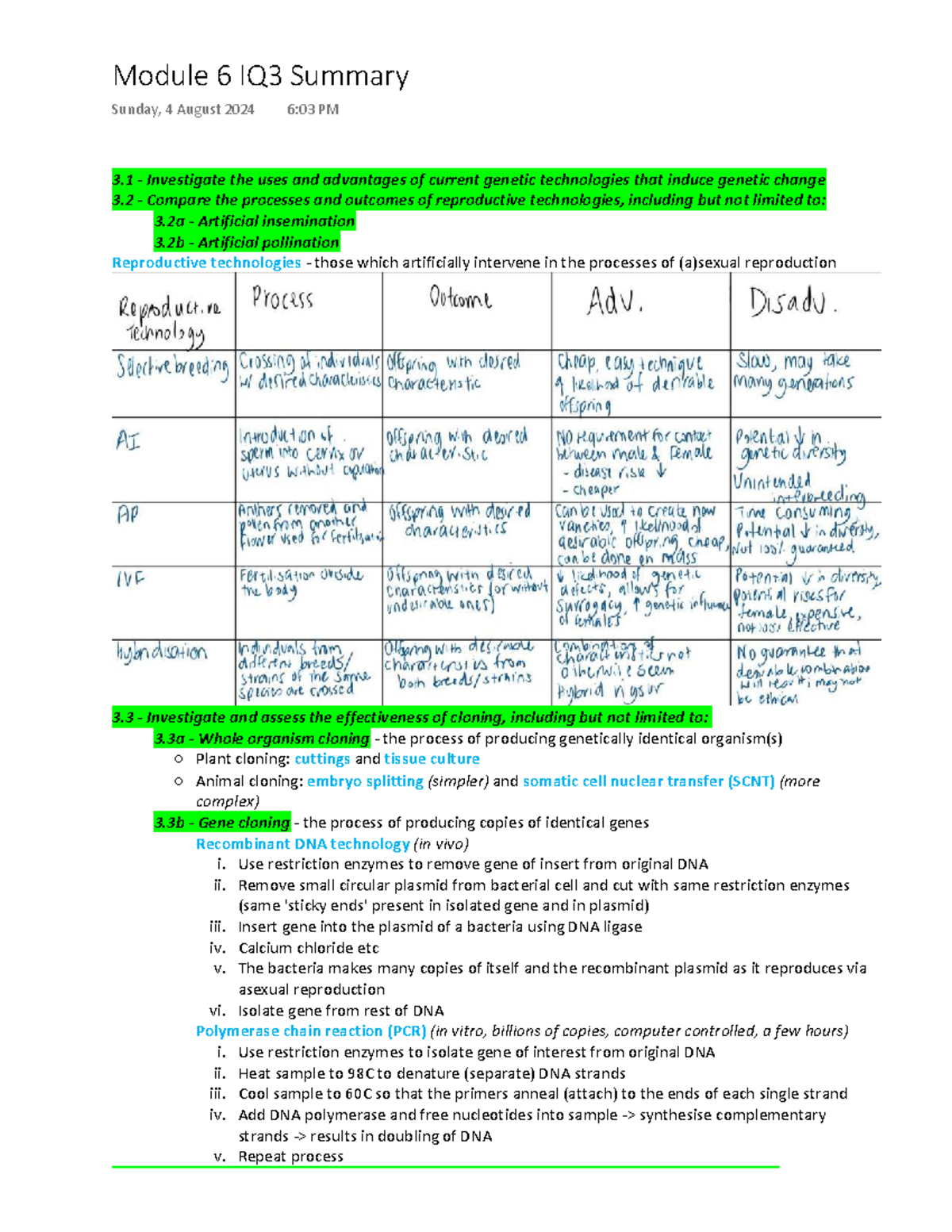 HSC Biology Module 6 IQ3 Summary: Genetic Technologies & Applications ...