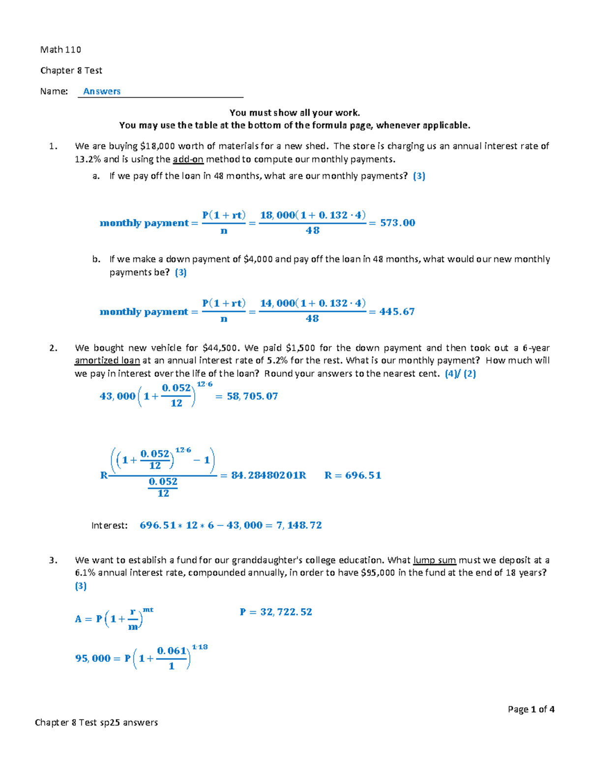 Math 110 Chapter 8 Test Spring 2025 Answers - Page 1 of 4 Math 110 ...