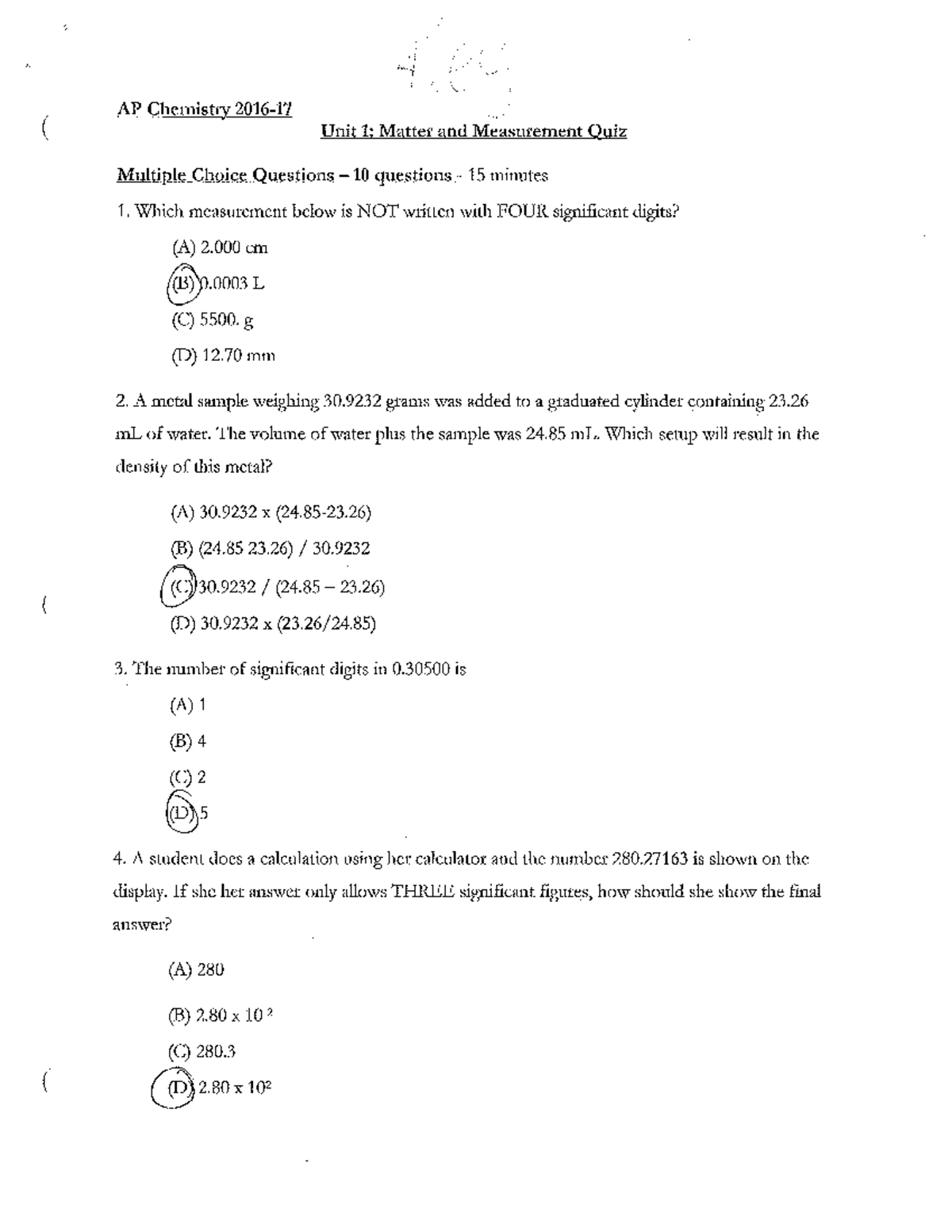 AP Chemistry Unit 1: Molarity and Significant Figures Quiz - Studocu