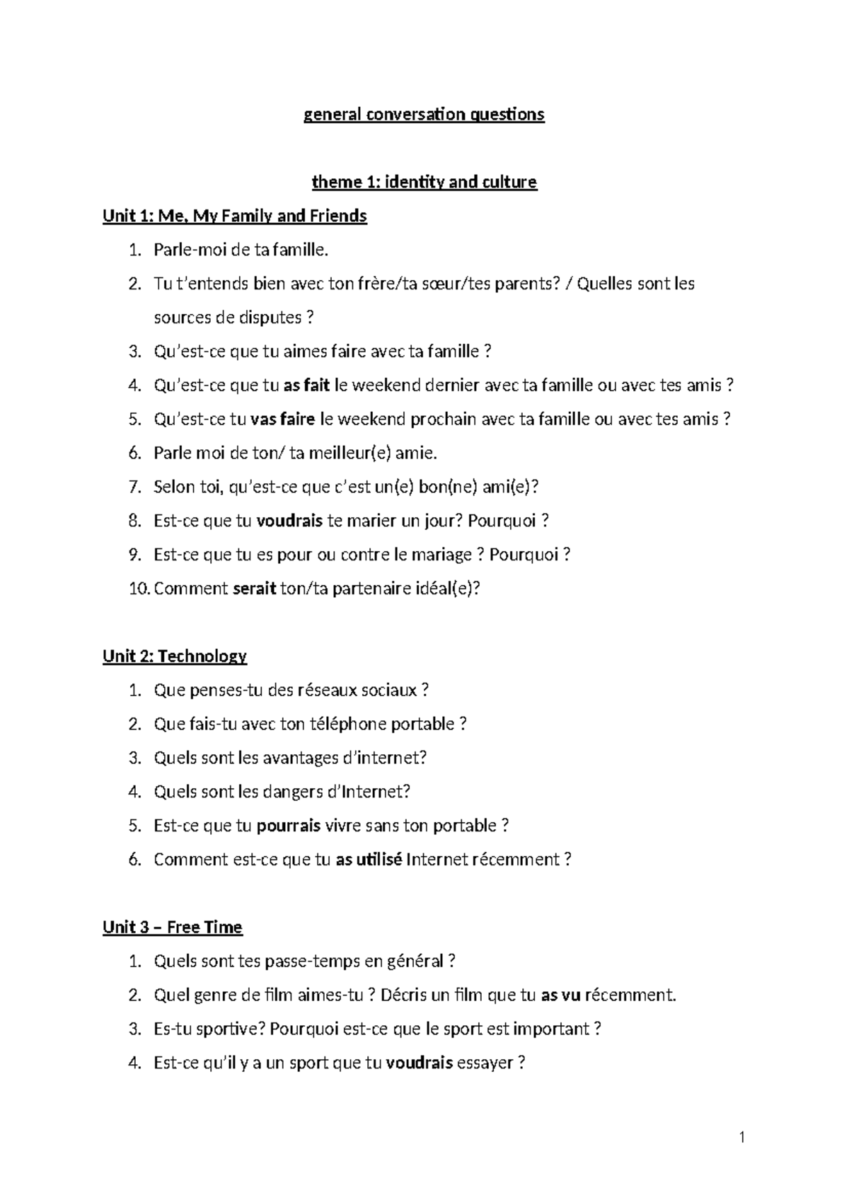 French General Conversation Questions: Identity, Culture & More (Units ...