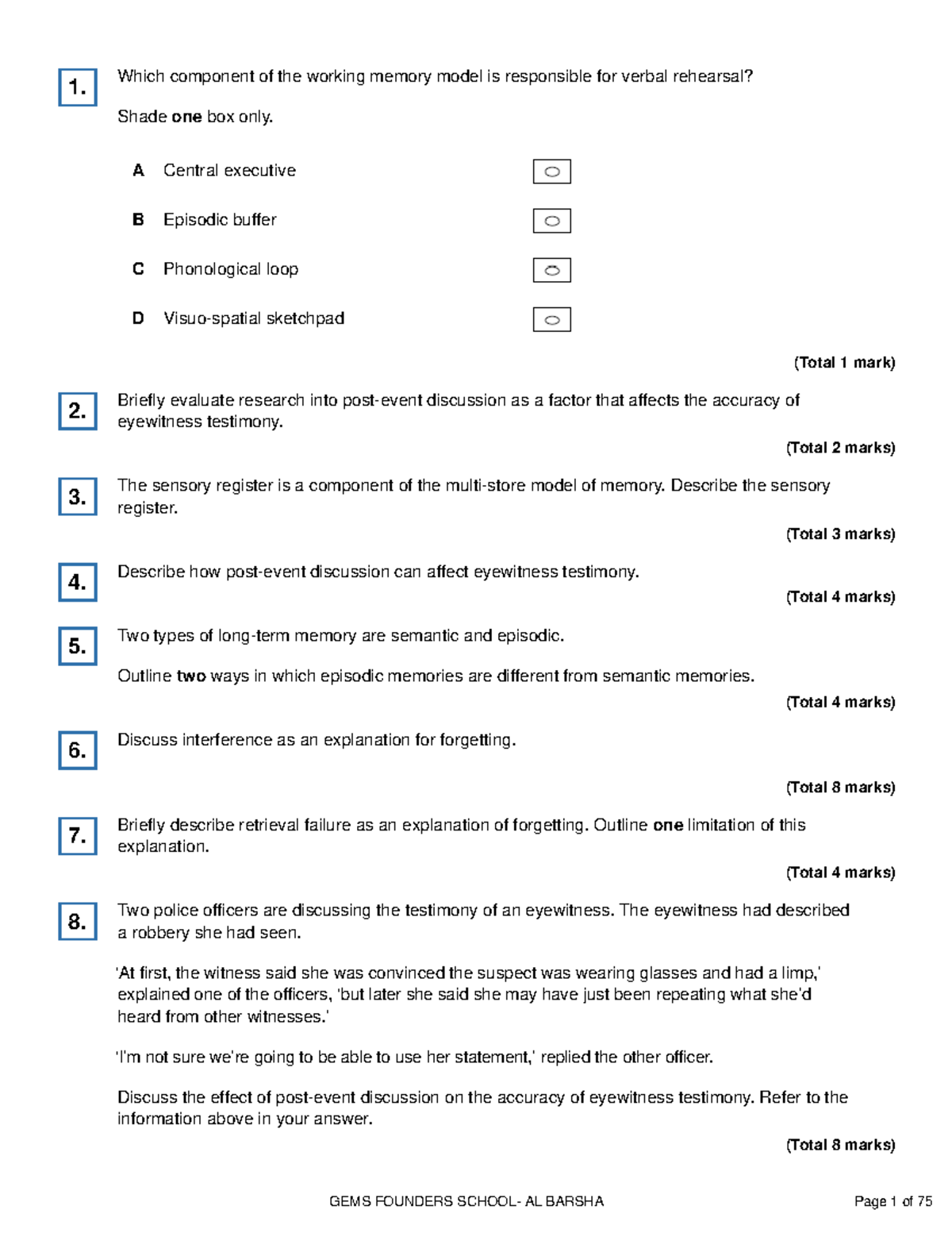 Memory Exam Q1 - Working Memory Model & Eyewitness Testimony Analysis ...