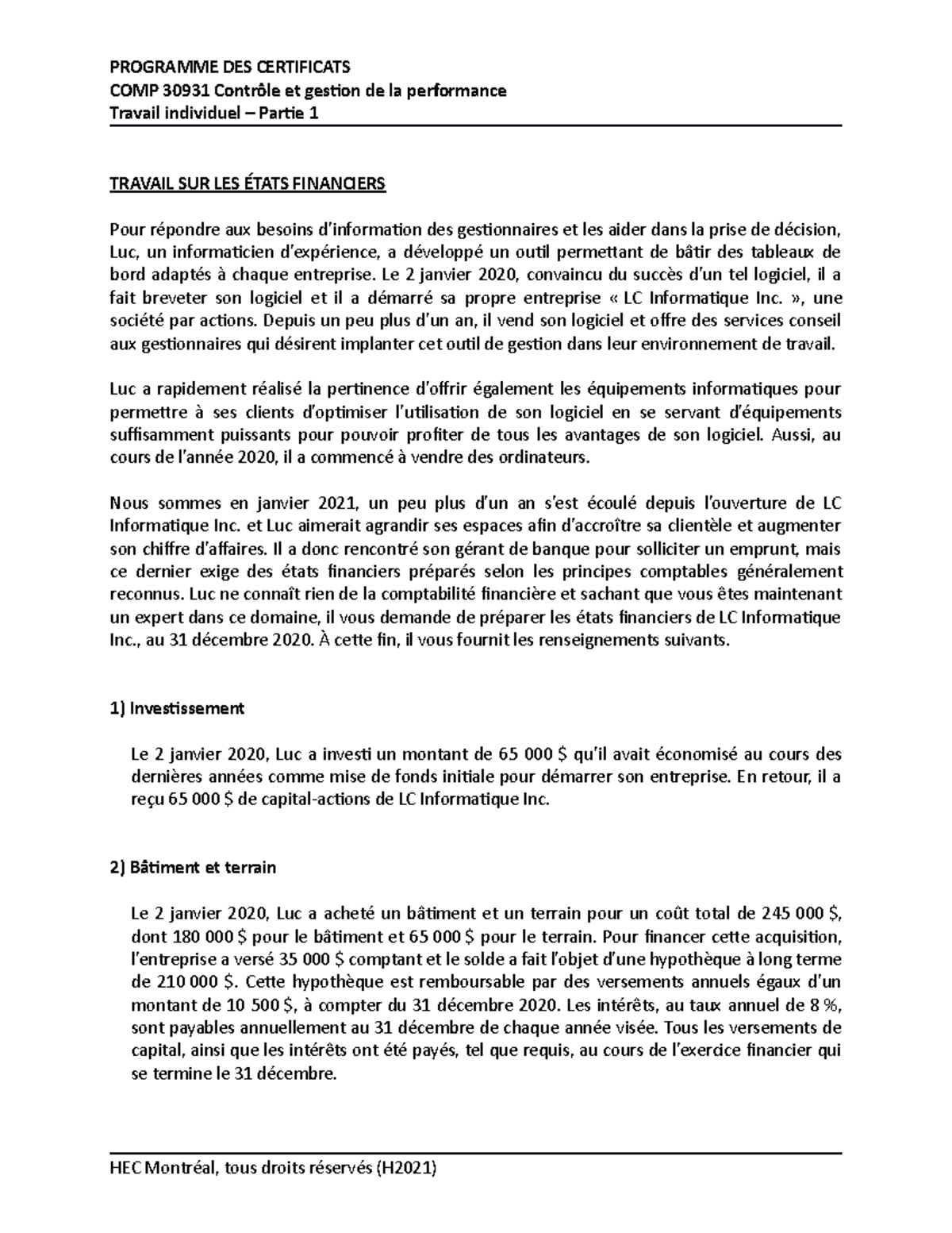 COMP 30931 Devoir: États Financiers pour LC Informatique Inc. - Studocu