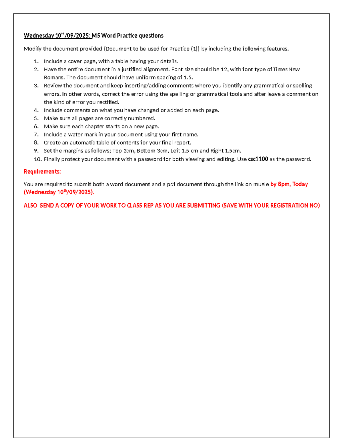 Wednesday MS Word Practice Questions - CSC 1100 Assignment 2 - Studocu