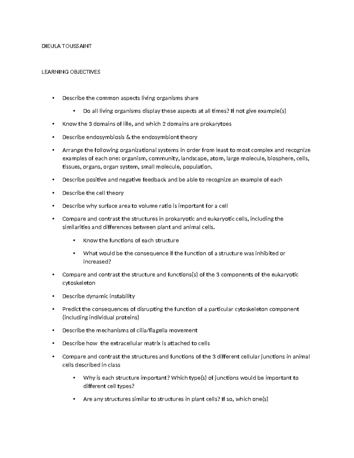 BIO 101 Learning Objectives: Key Concepts in Biology and Lab - Studocu