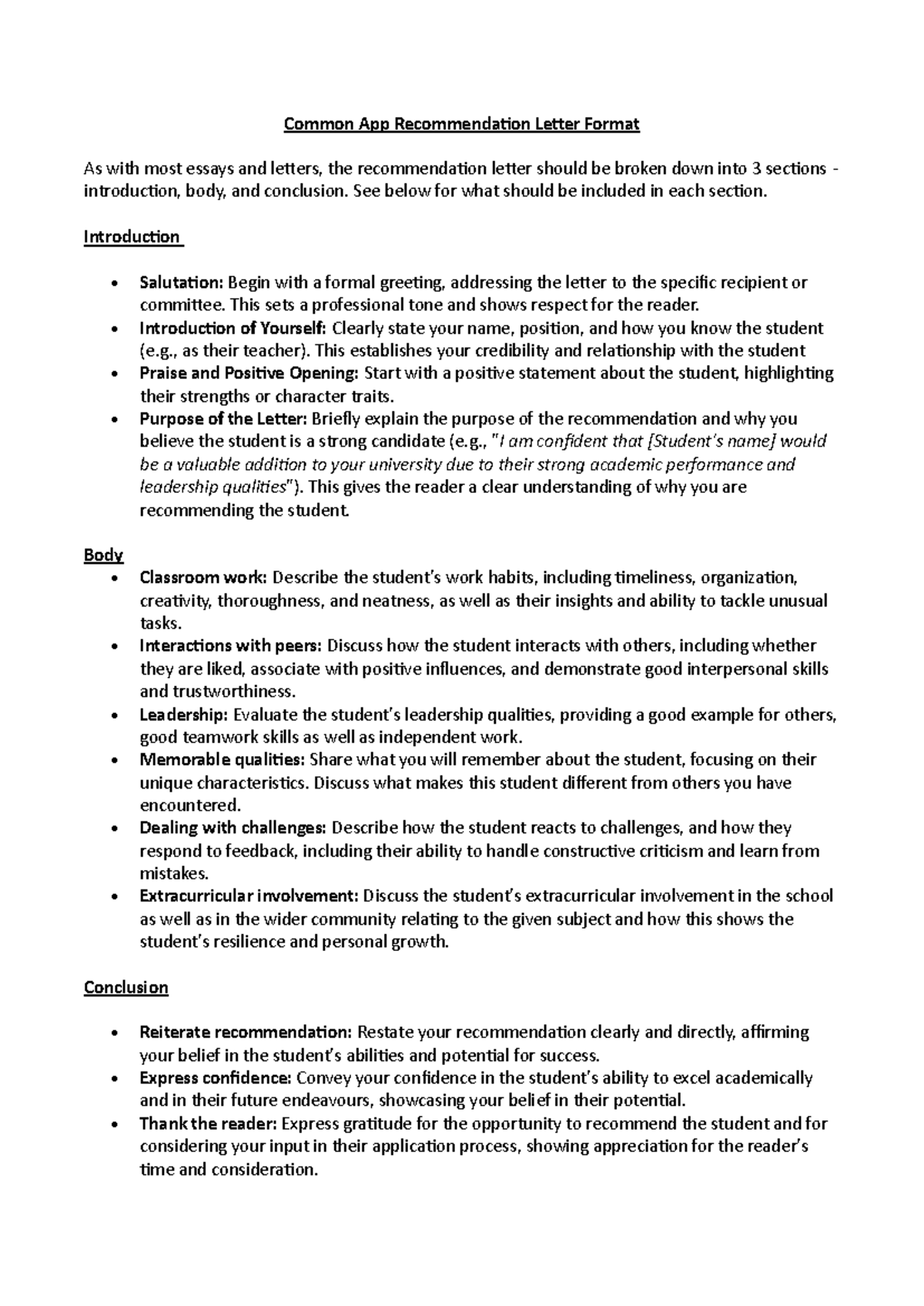 Common App Recommendation Letter Format - See below for what should be ...