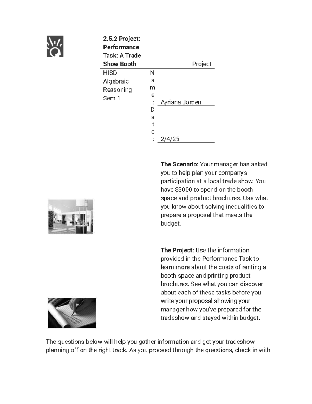 2.5 Project: Performance Task - Trade Show Booth Proposal (HISD) - Studocu