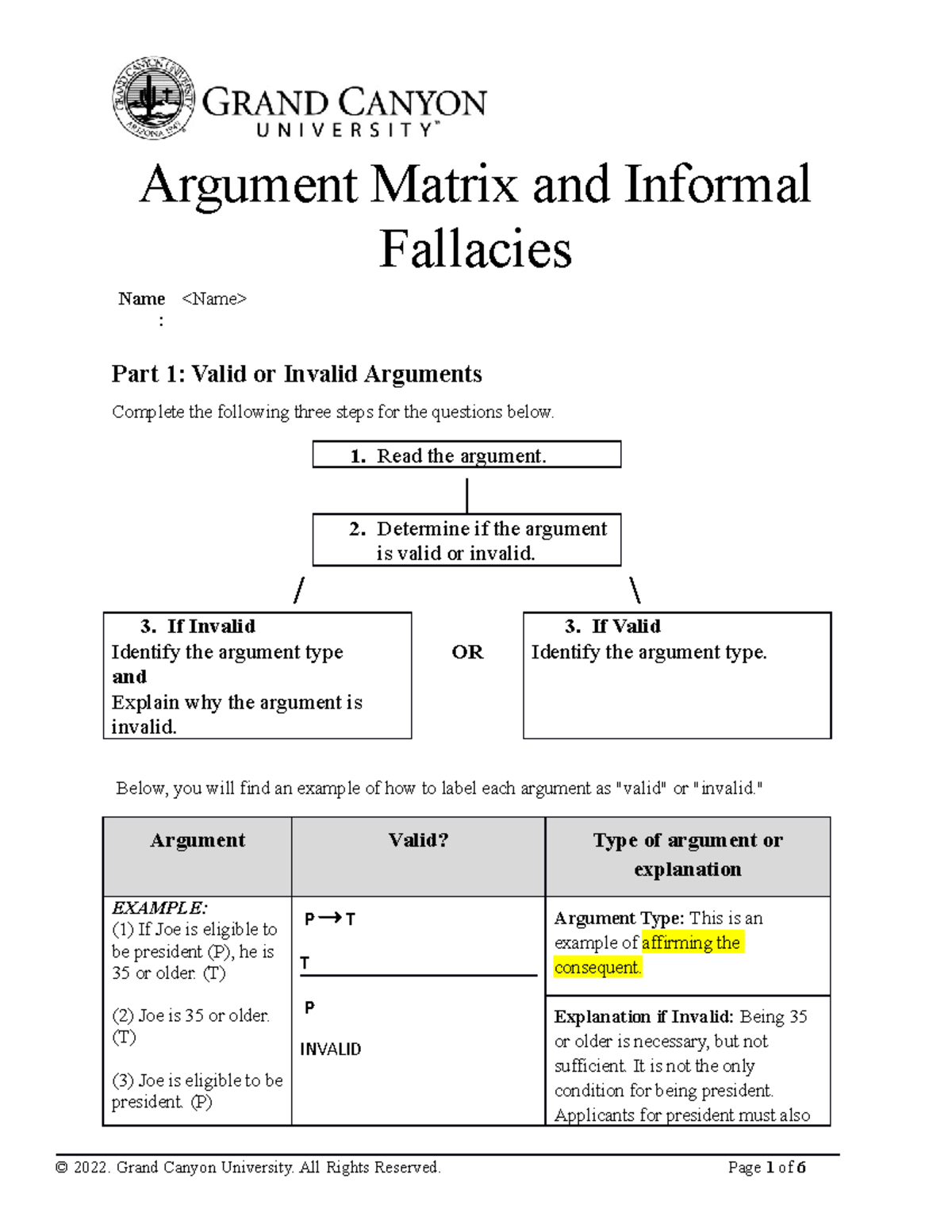 Phil- 103 Argument Matrix Informal Fallacies - Argument Matrix and ...