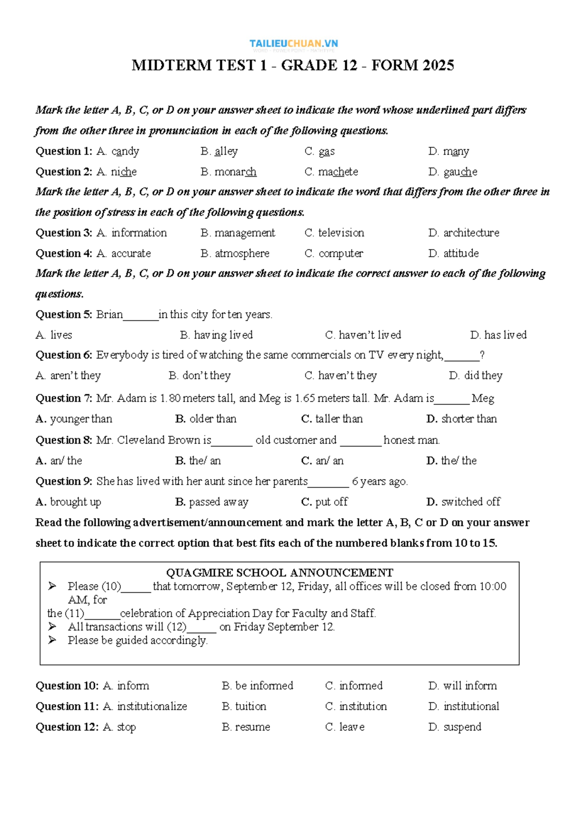 Midterm TEST 1 - Grade 12 - Practice Exam Answers and Questions - Studocu