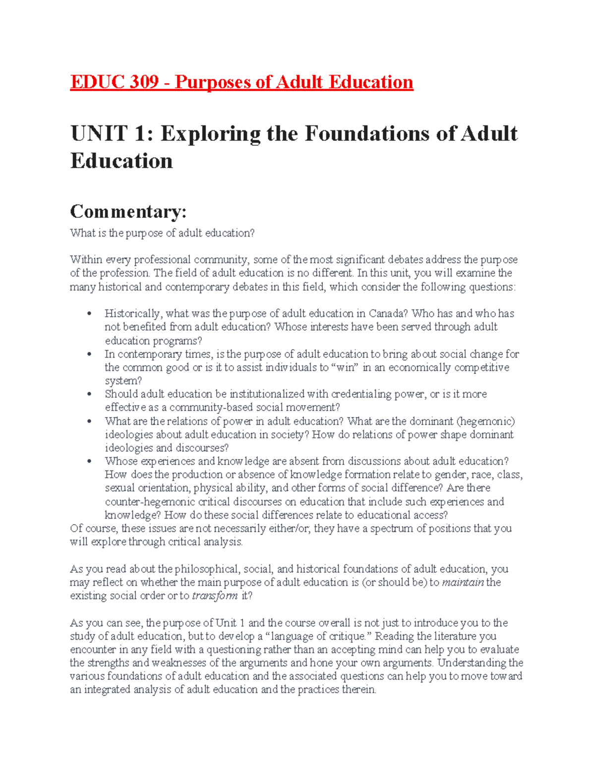 UNIT 1 - Exploring the Purposes of Adult Education (EDUC 309) - Studocu