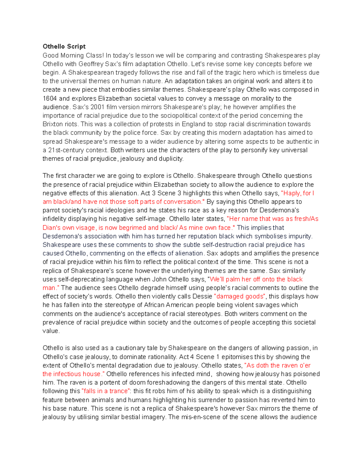 Othello Comparative Analysis: Shakespeare vs. Sax's Film Adaptation ...