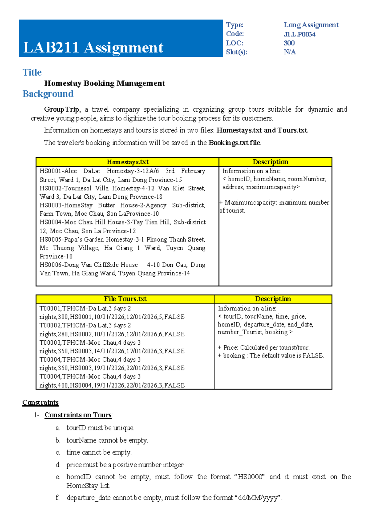 LAB211 Long Assignment: Homestay Booking Management System - Studocu
