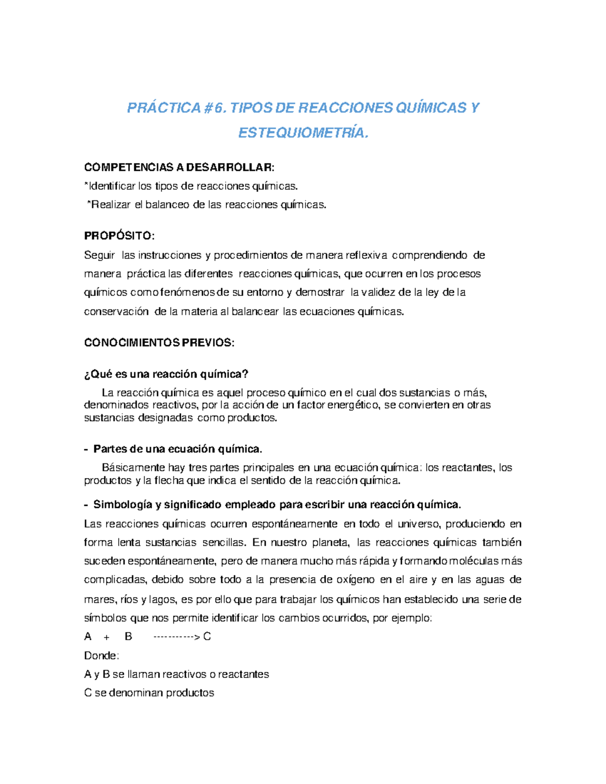 Hoja De Trabajo Sobre Seis Tipos De Reacciones Químicas Ficha De