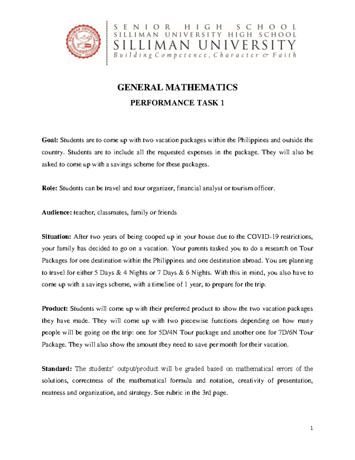 General Mathematics (GMATH) Performance Task 1: Vacation Package ...