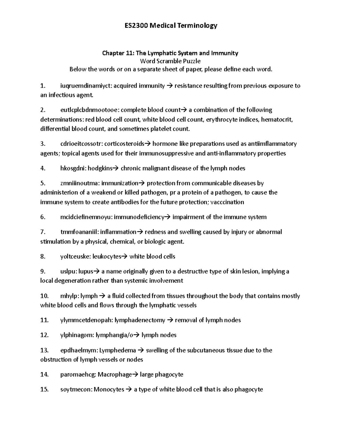 Chapt 11 Lymphatic Assignment - ES2300 Medical Terminology Chapter 11 ...
