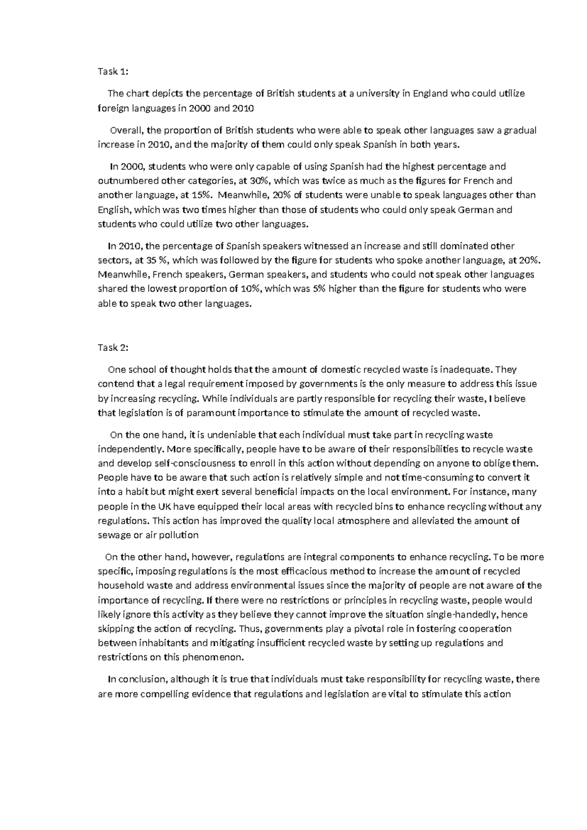 Task 1 & 2: Analysis of Language Proficiency & Recycling Legislation ...