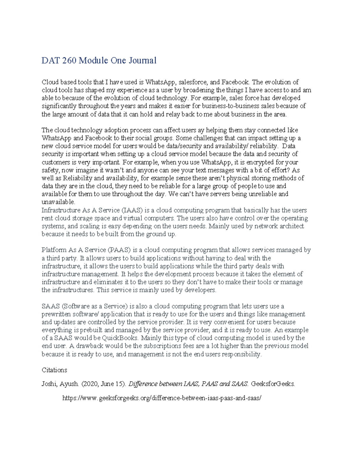 DAT 260 Module 1 Journal: Exploring Cloud Tools & Services - Studocu