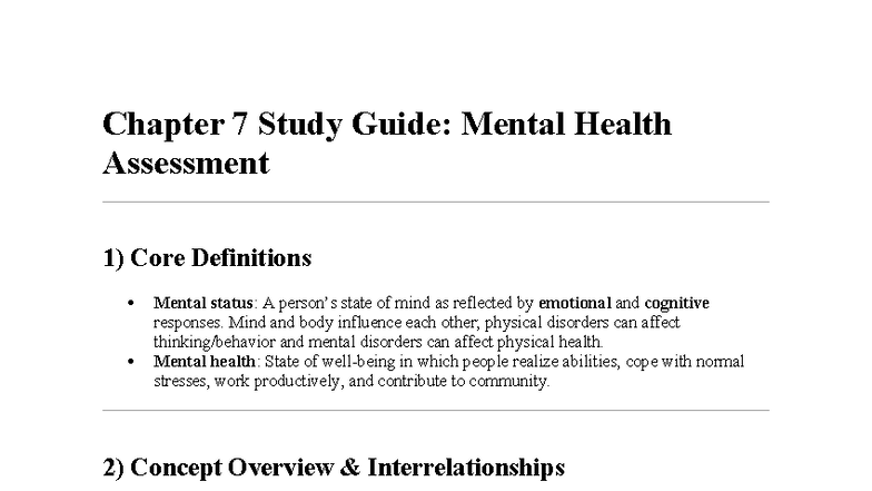 Chapter 7 Study Guide: Mental Health Assessment Insights - Studocu
