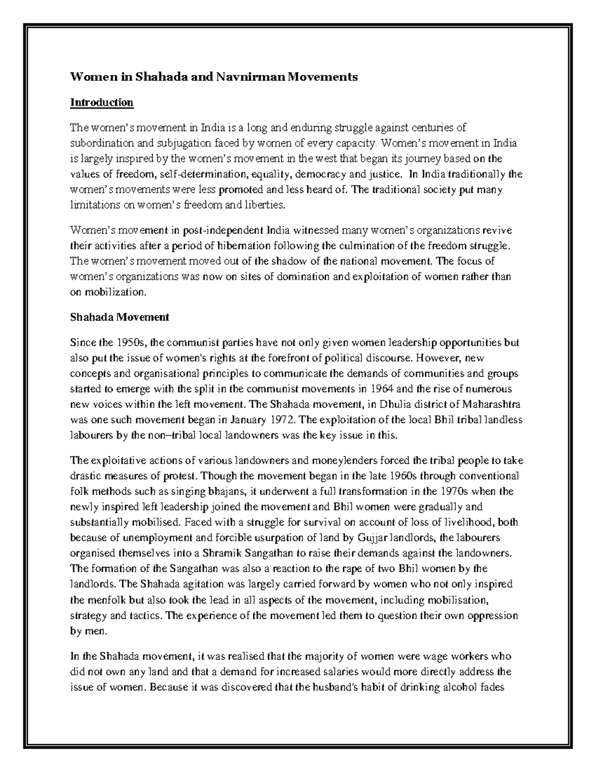 Women’s Rights and Participation in Shahada & Navnirman Movements - Studocu