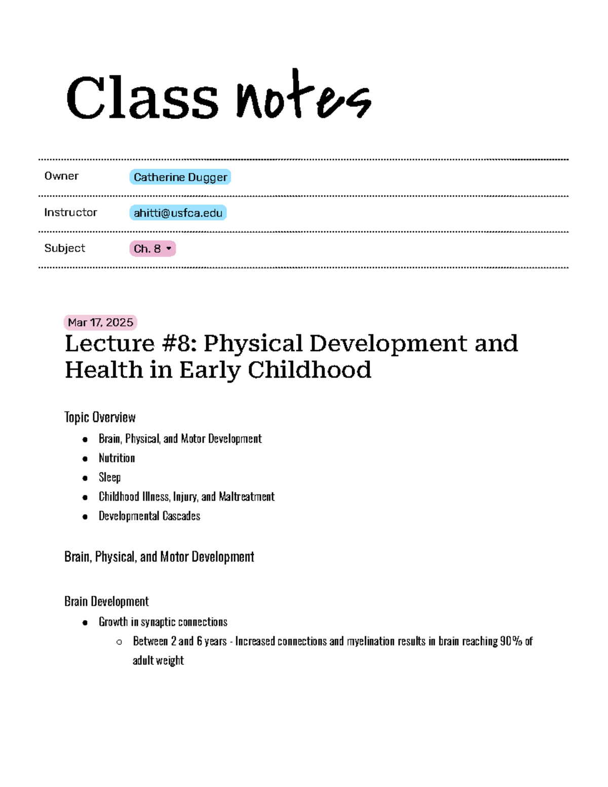 Child Development Lecture #8 Notes: Physical Health in Early Childhood ...