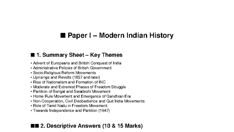 Paper I Modern Indian History: Key Themes & Descriptive Answers - Studocu