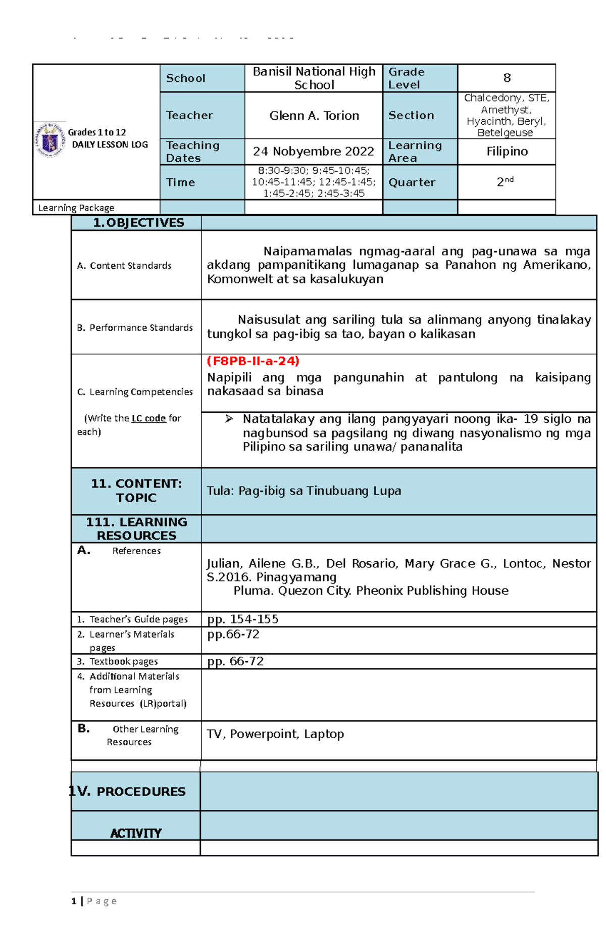 DLP 48 Fil8 Q2 - Grade 8 Filipino Lesson Plan: Tula at Nasyonalismo ...