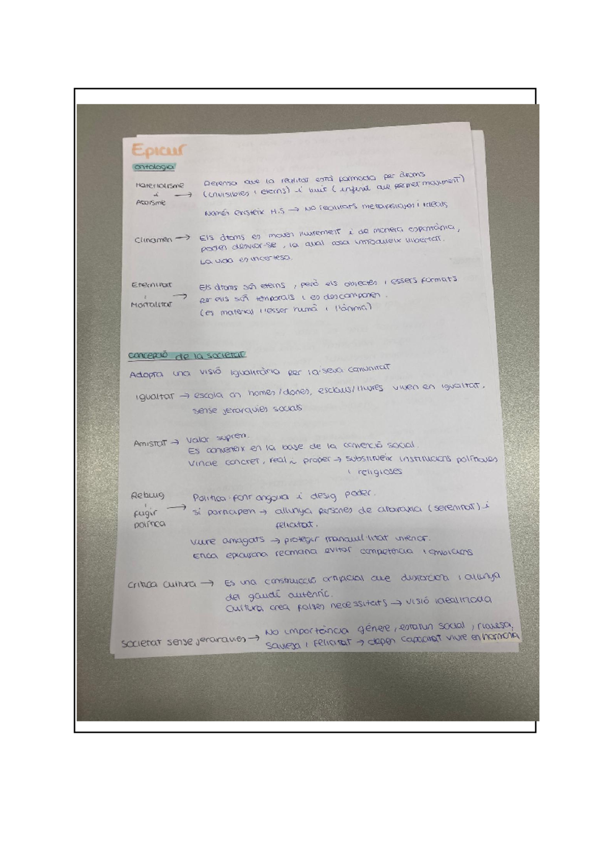 Filo - filo resum - Epicur ontologia Materialisme (invisibles I eterns) i buit ( infenit are ...