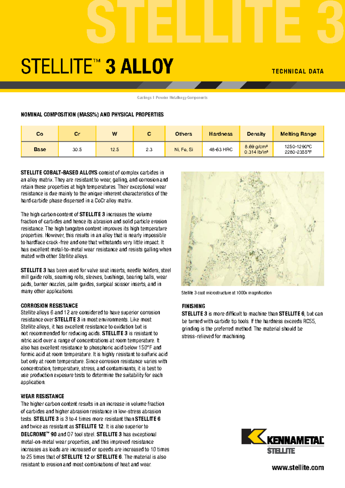 Stellite 3 Alloy Technical Data: Composition & Properties - Studocu
