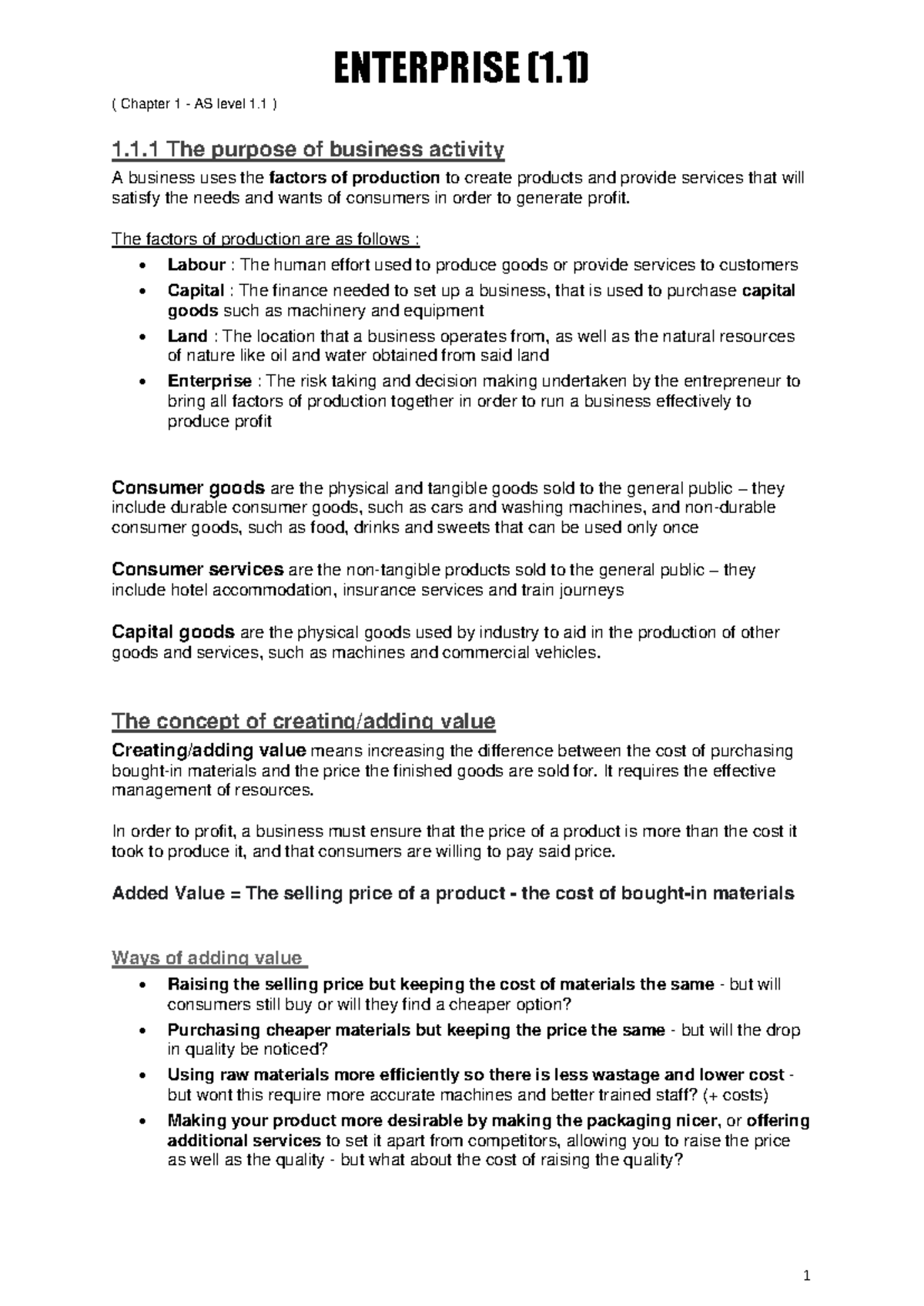 AS Level 9609: Business Environment - Chapter 1 Overview and Key ...