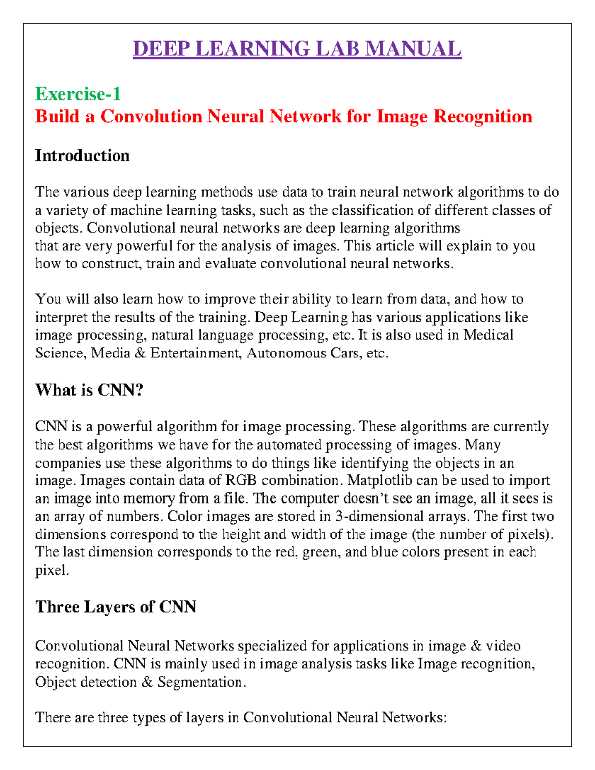 Deep Learning Lab Manual Jntuk R20 Deep Learning Lab Manual Exercise 1 Build A Convolution