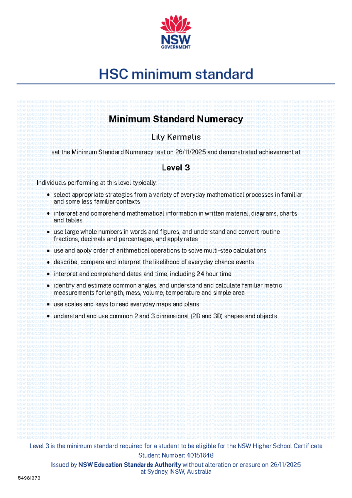 Minimum Standard Numeracy Test Report - Level 3 Achievement - Studocu