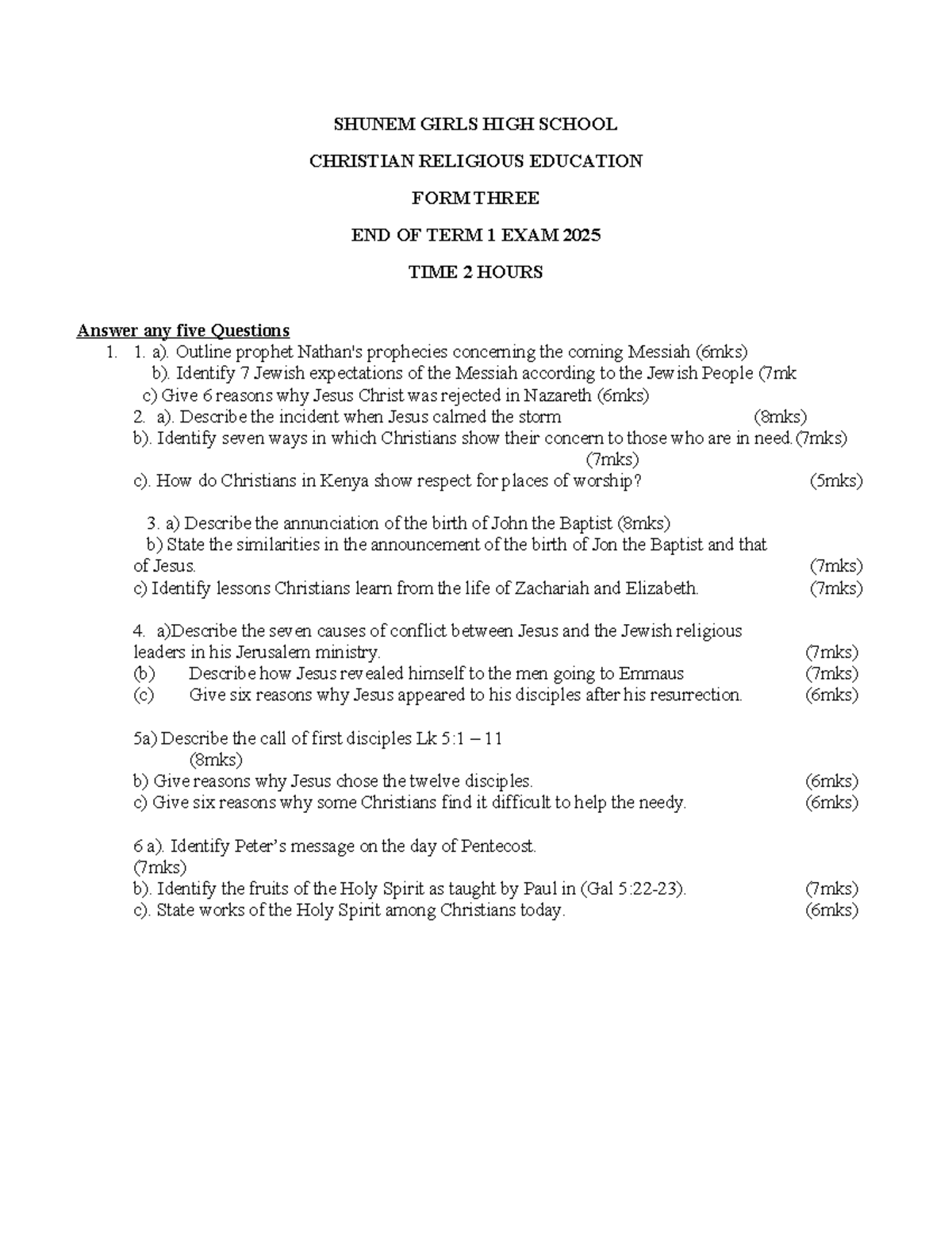 CRE FORM 3 End of Term 1 Exam QP 2025 - Shunem Girls High School - Studocu