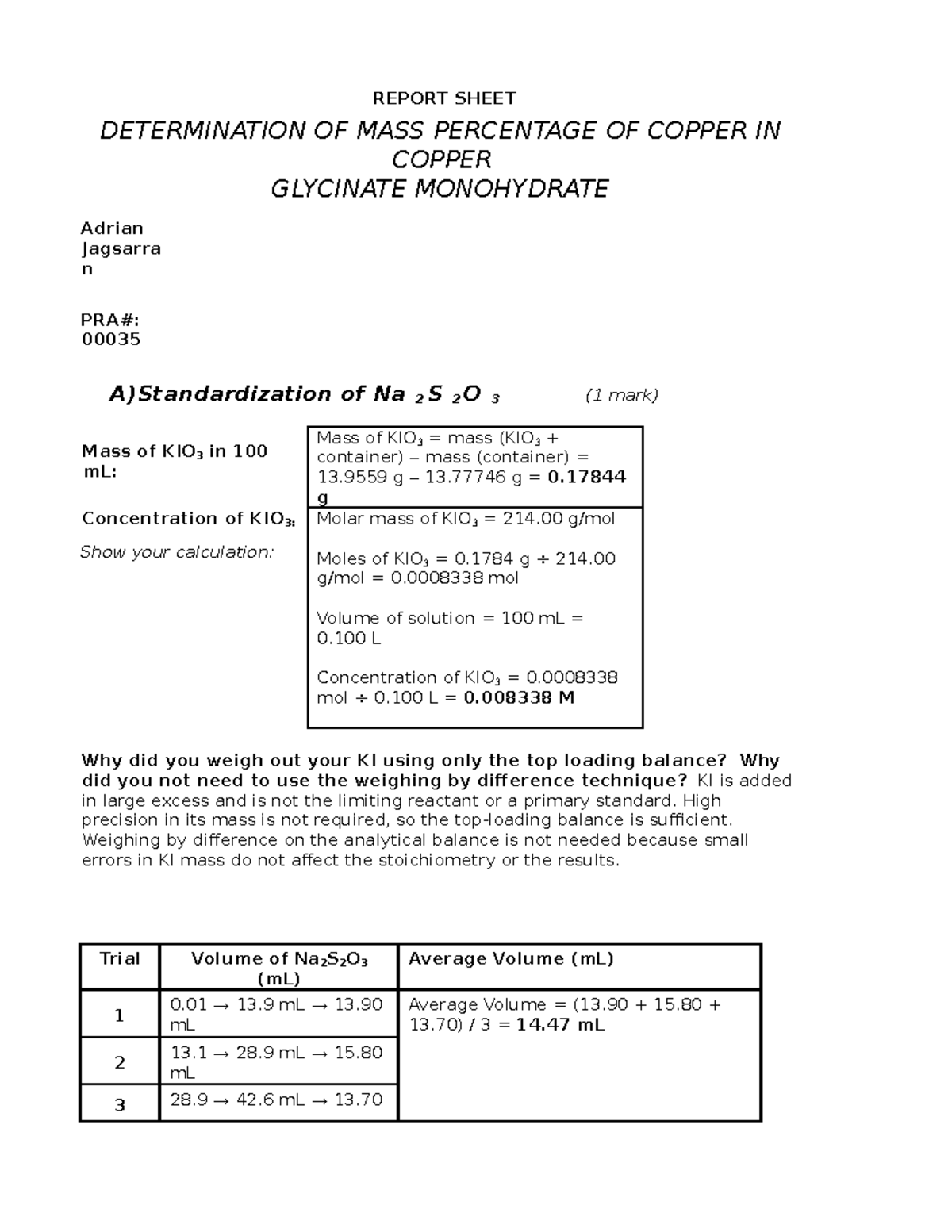 Lab02 Report Sheet: Mass Percentage of Copper in Copper Glycinate ...