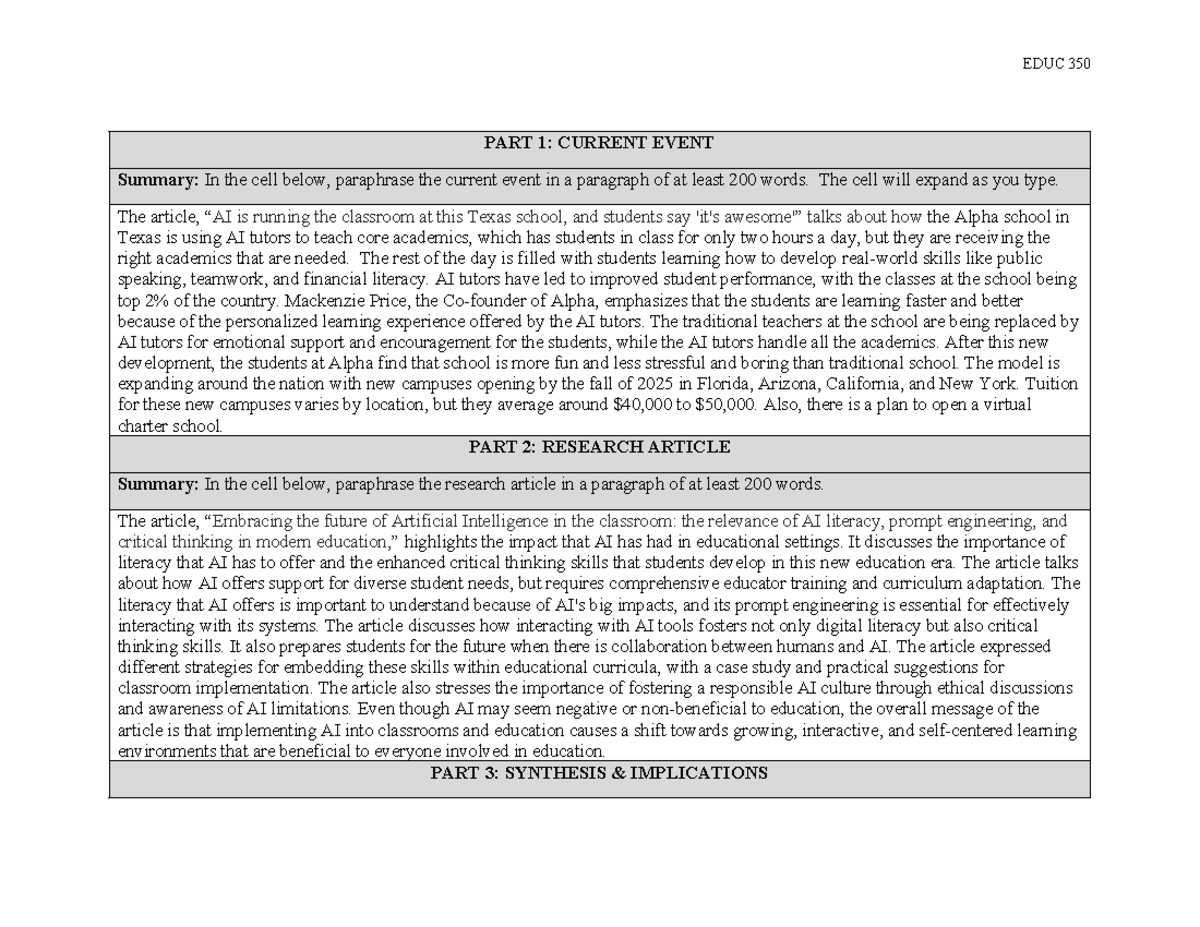 EDUC 350: Current Events & Research on AI in Education - Studocu