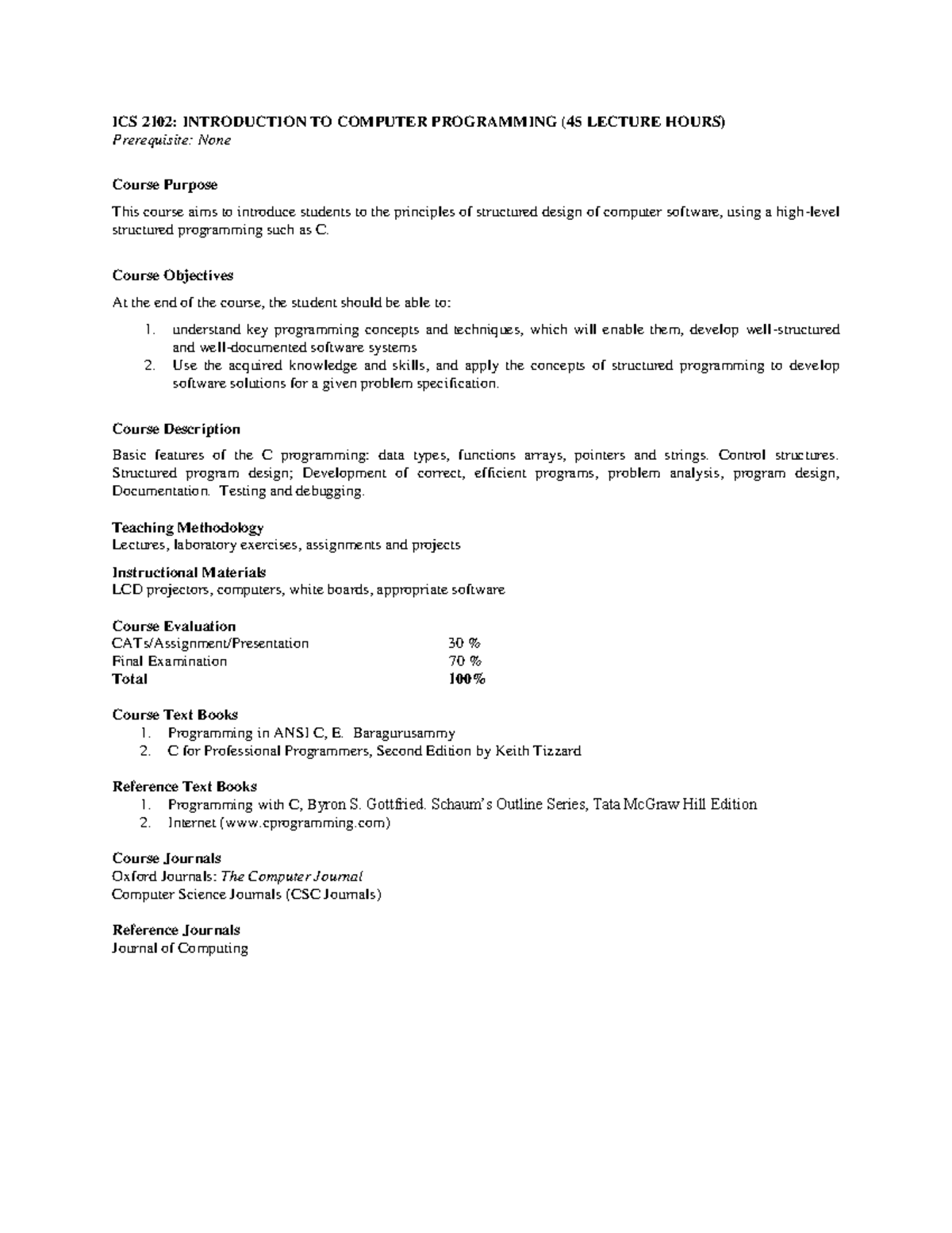 ICS 2102 - Introduction to C Programming Course Overview and Objectives ...