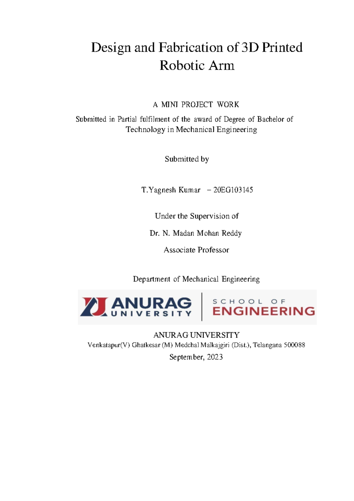 B.Tech Mini Project Report: 3D Printed Robotic Arm Design - 20EG - Studocu